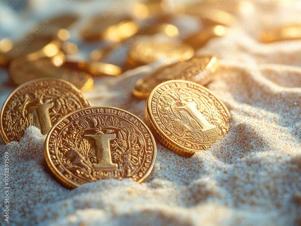 Using a tilted angle view, depict ancient gold coins buried in sand ...