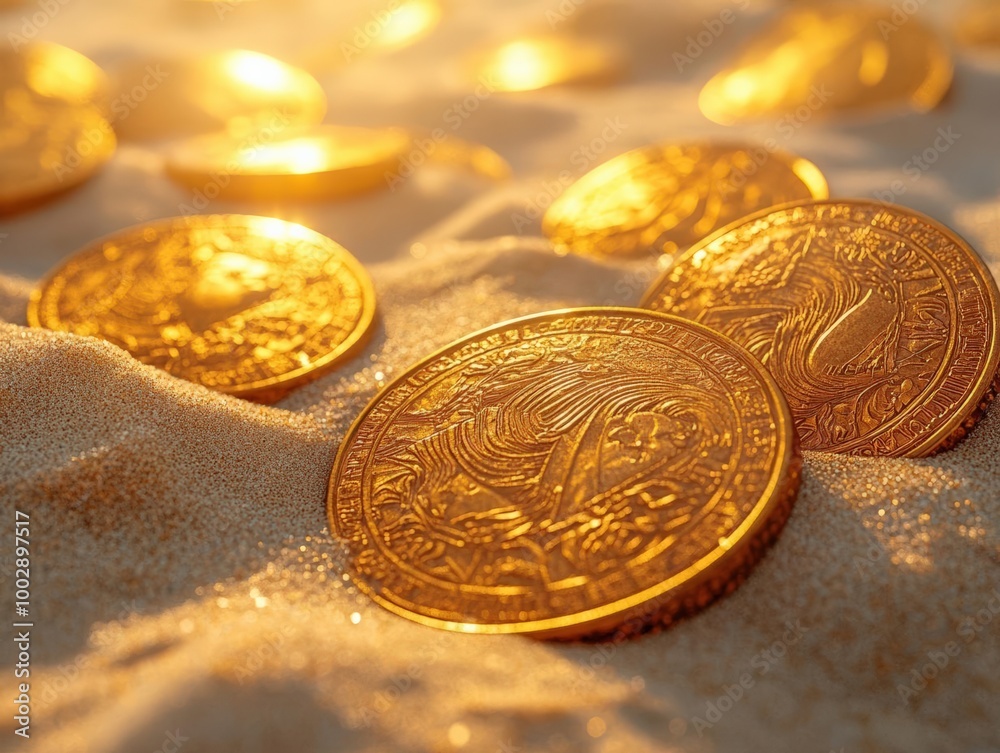 Using a tilted angle view, depict ancient gold coins buried in sand ...