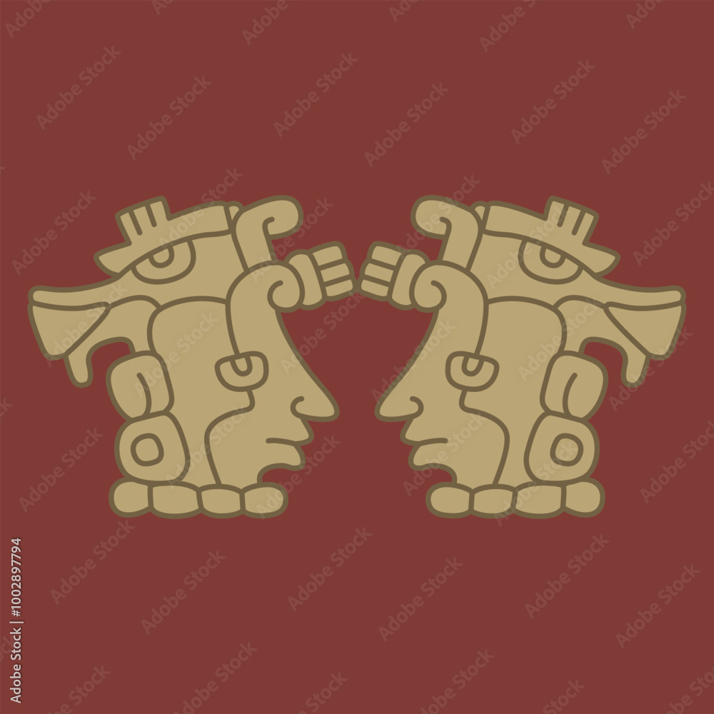 Symmetrical ethnic design with two stylized human heads. Native ...