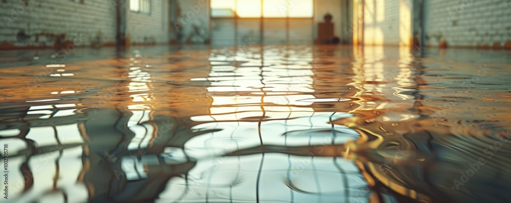 An abandoned, flooded industrial warehouse with broken windows ...