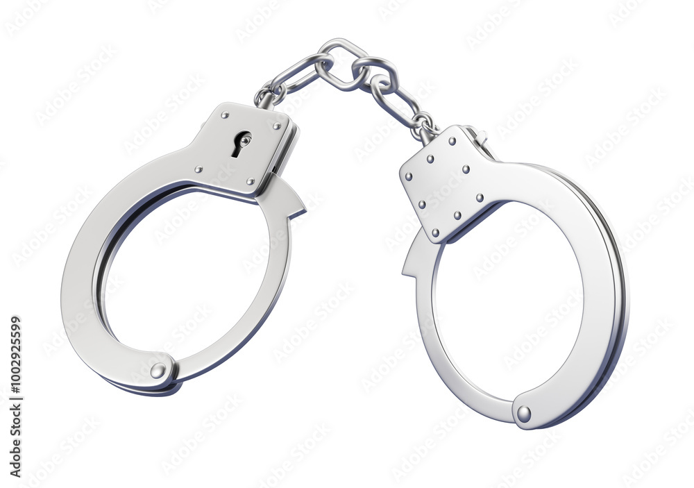 Silver handcuffs connected by a short chain, isolated on a clean white ...