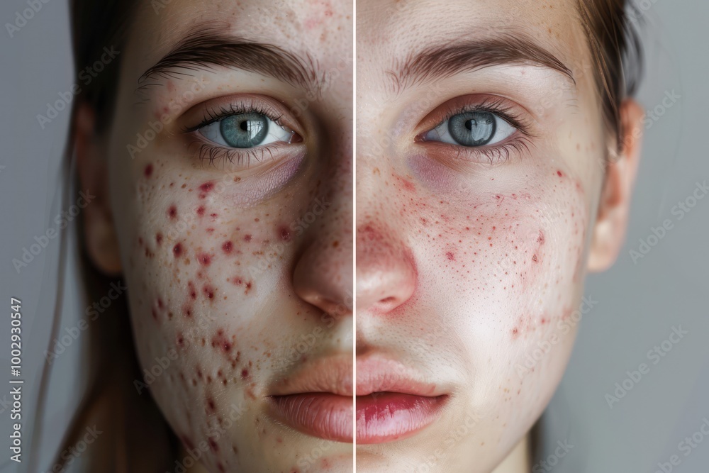 Acne treatment before and after concept. Two faces with distinct ...