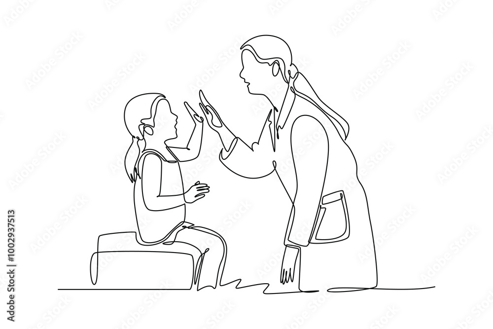 Continuous one line drawing female pediatric doctor invited cute baby ...