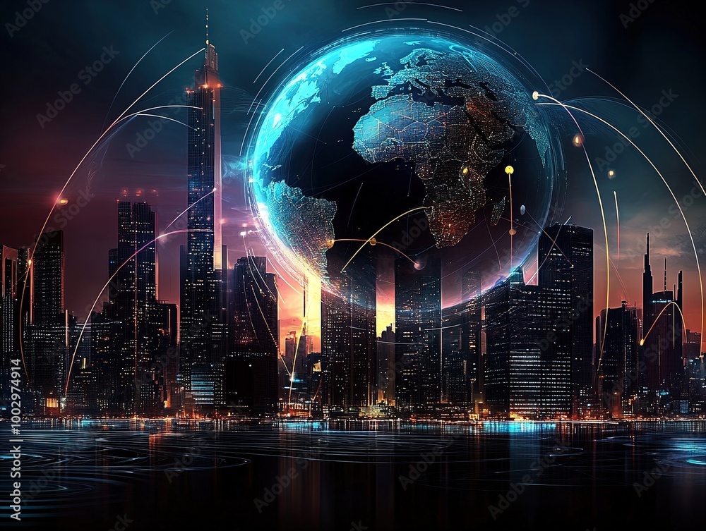 Dynamic Urban Vista: A High-Tech Globe Illuminating Modern High-Rises ...