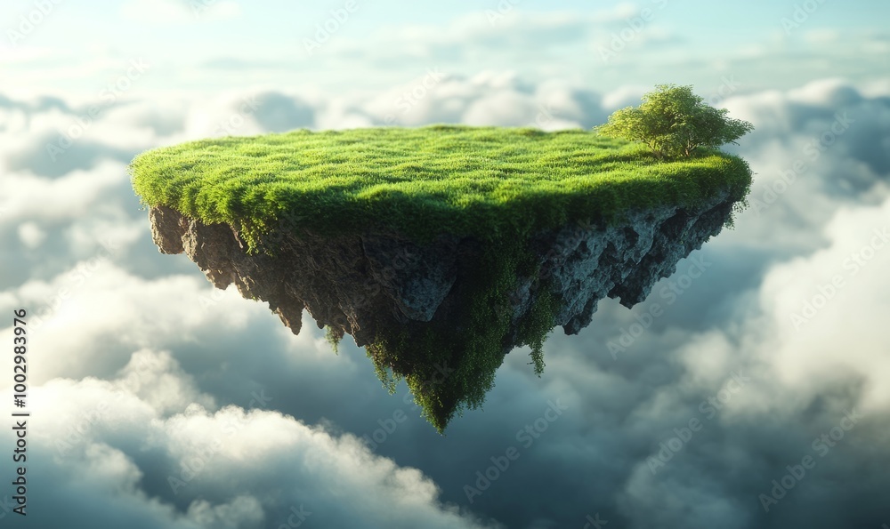 A 3D rendered image of a floating slice of land with a green grass ...