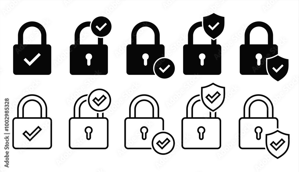 Set of security lock icons. Circle and shield with lock icon with check ...