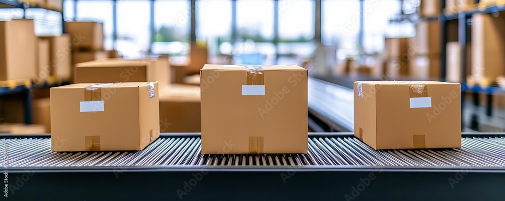 Shipping packages on a conveyor belt in a logistics center, modern ...