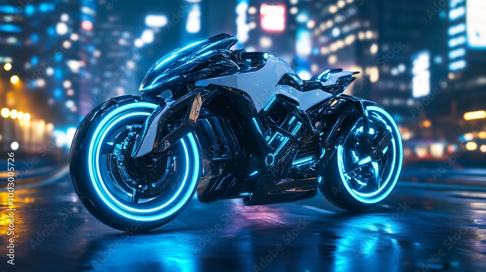 Futuristic motorcycle with blue neon lights on a city street. Stock ...