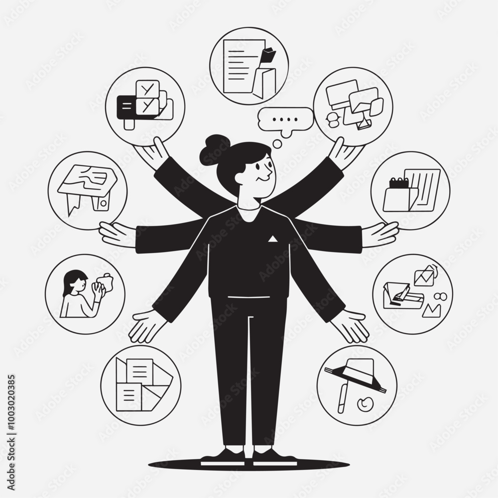 happy businessman multitasking vector outline clip art business, icon ...