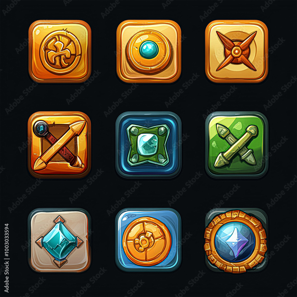 RPG Game Icon Pack: Cartoon-Style UI Elements, Fantasy , Gear, Settings ...