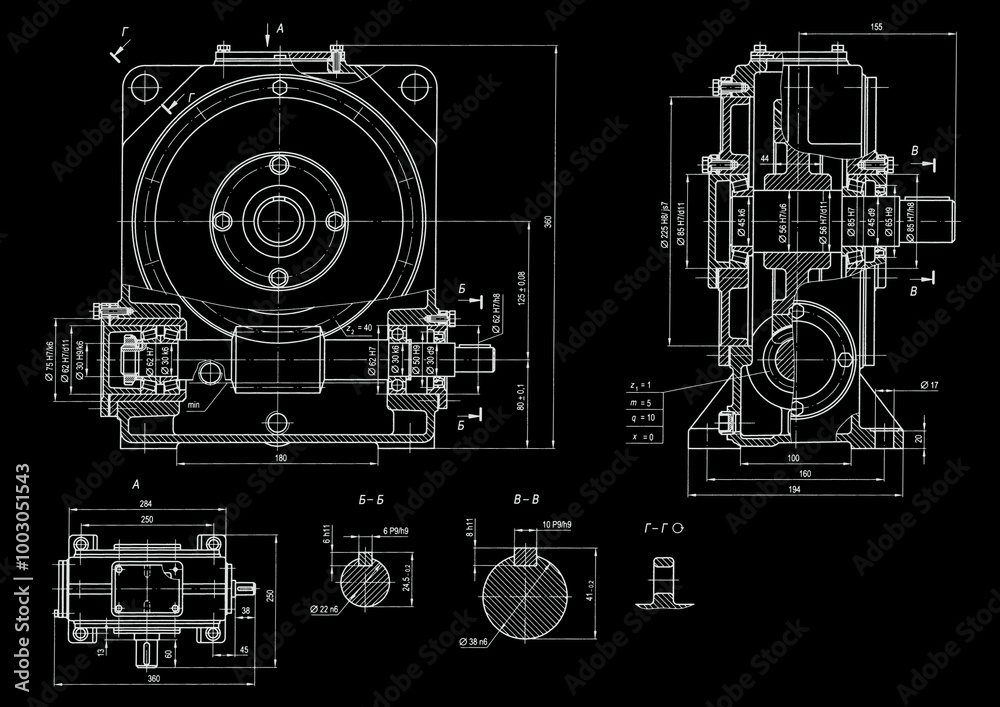 Engineering mechanical pencil drawing of steel devices (reducer ...