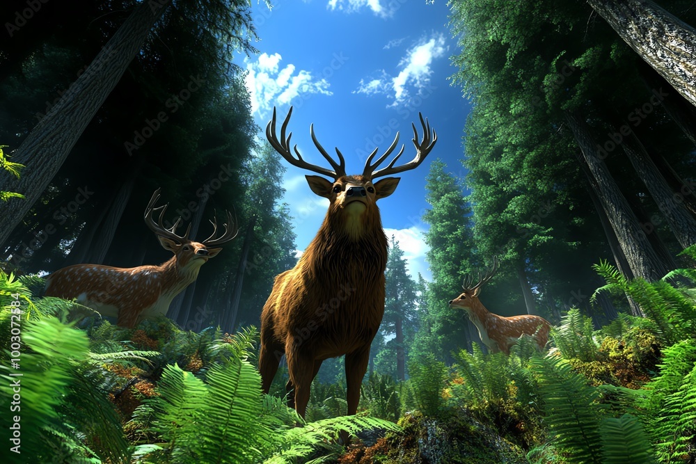 Interactive 3D wildlife ecosystem, where digital animals move through a realistic forest ...