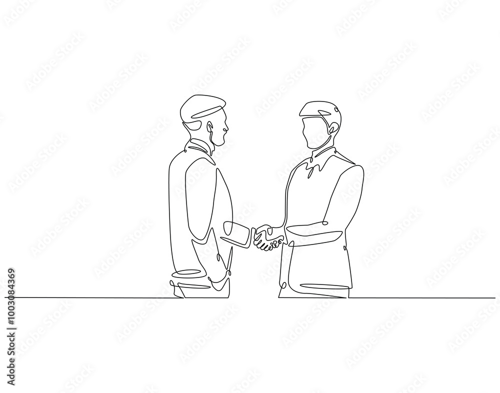 Continuous one line drawing of two man shaking hands. One line drawing ...