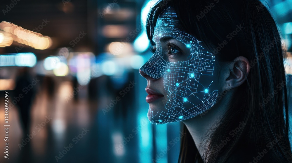 Woman at airport uses future facial recognition technology, depicted by ...