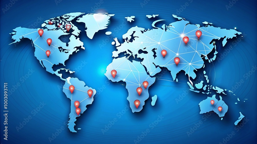 World map with location pins on blue background, concept of global ...
