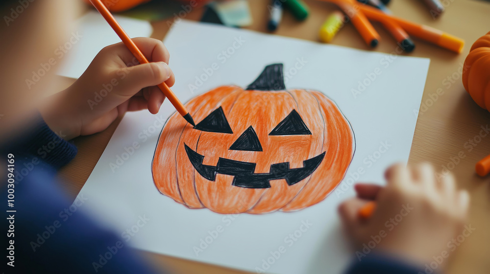 Child coloring Halloween pumpkin drawing with crayons, creative holiday ...