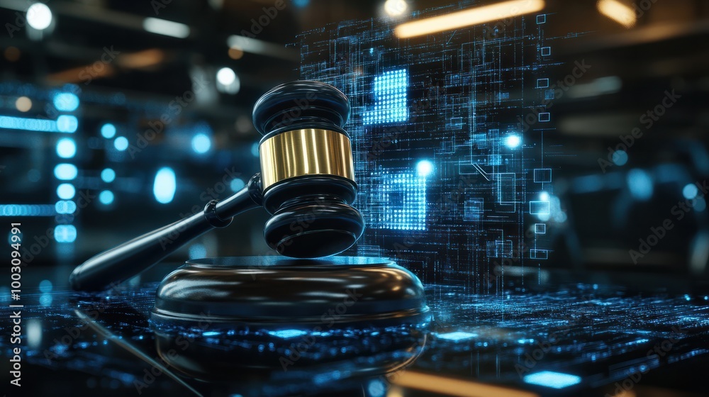 A courtroom gavel in a modern digital jurisdiction concept, AI and ...