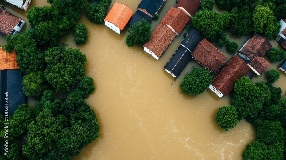 Aerial view of a town overtaken by flash flood waters with rooftops ...