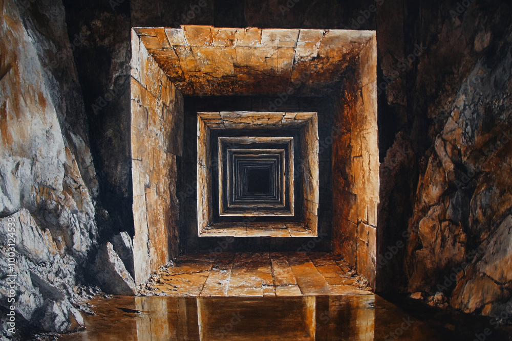 Hyper-realistic square mine portal drawing with repetitive geometric ...