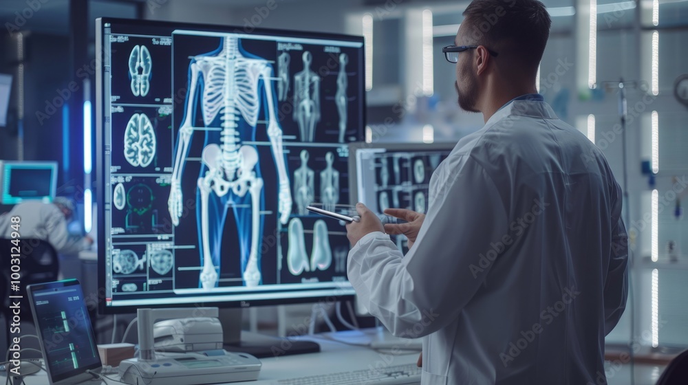Doctor analyzing medical X-ray images of the human skeleton and brain ...