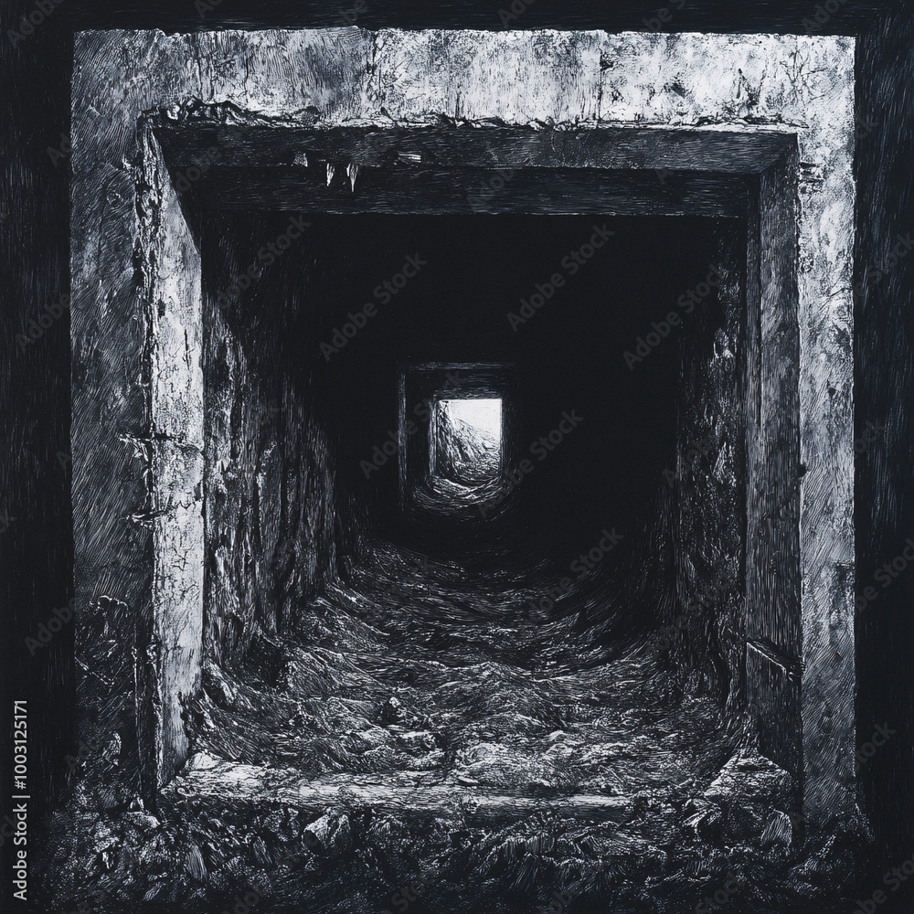 Hyper-realistic square mine portal drawing with repetitive geometric ...