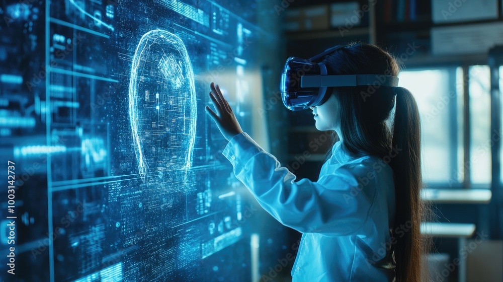 School student with VR headset using AI artificial intelligence ...