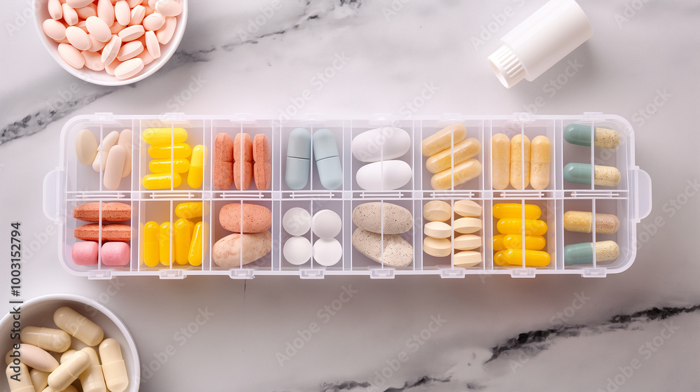 Pills organized in a daily pill organizer box with days of the week ...