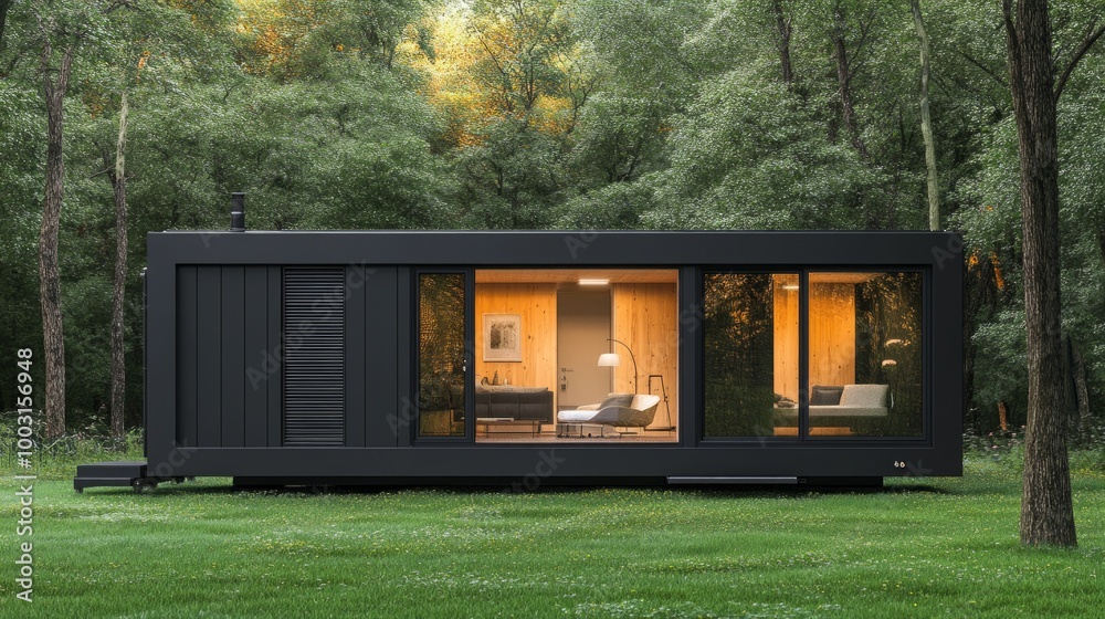 Modern tiny modular home with customizable interiors and warm lighting ...