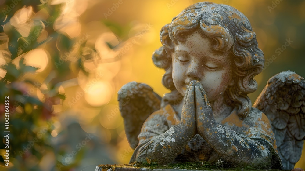 a small stone statue of an angel with curly hair. The angel is depicted ...