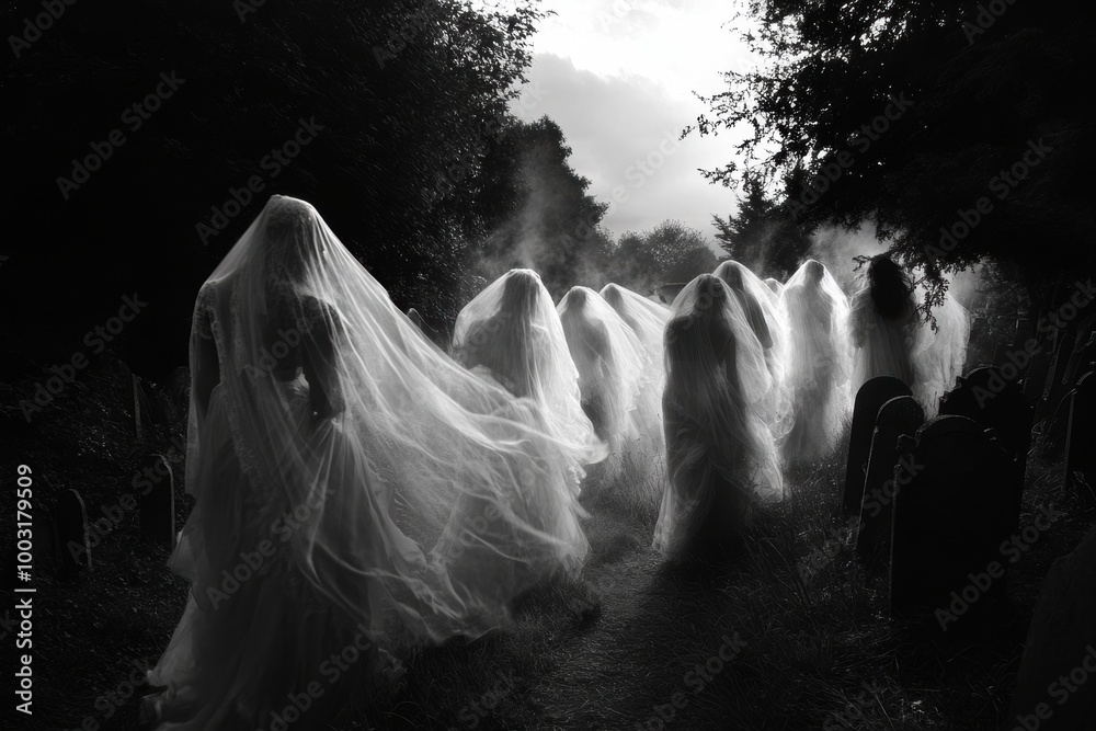 A group of women dressed in white wedding veils walk through a cemetery ...