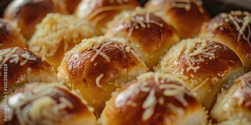 Zoomed-in perspective of delectable homemade yeast buns topped with ...