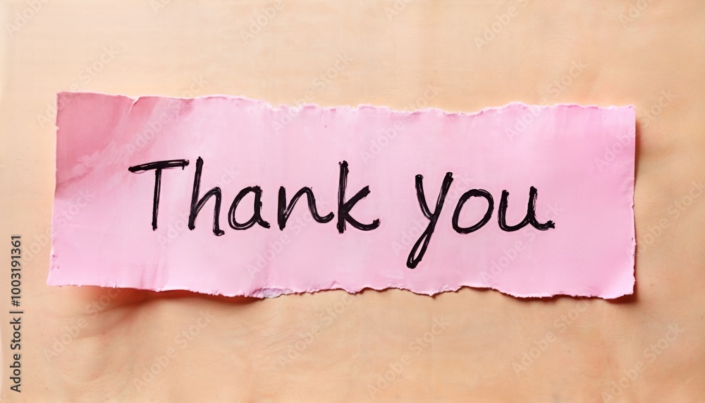 Thank you message written on ripped pink torn paper piece with ...