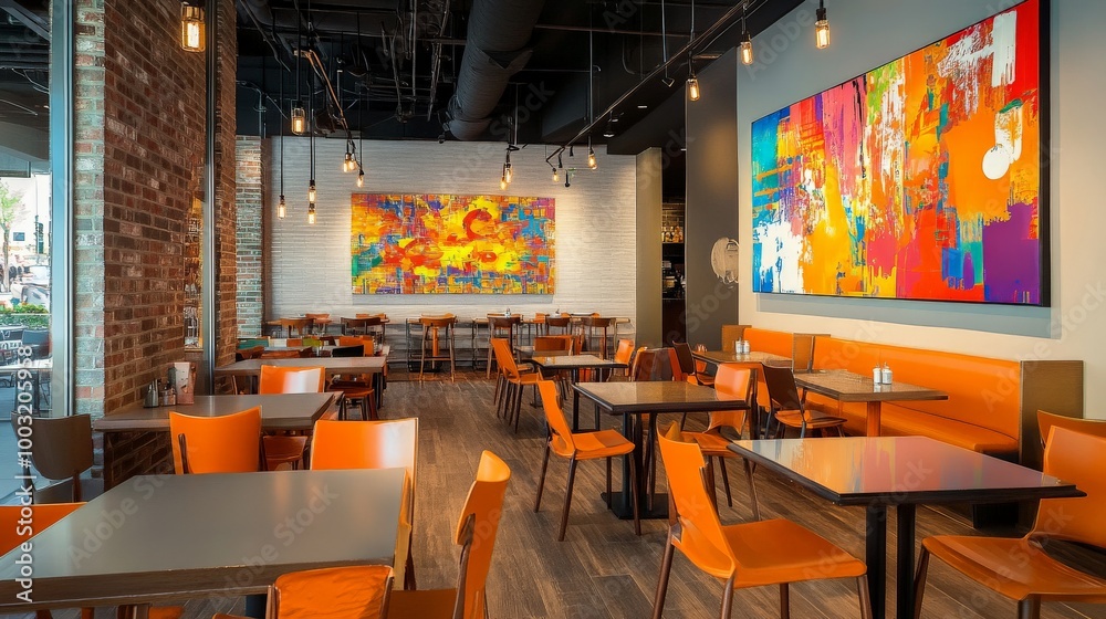 Modern and Vibrant Restaurant Interior With Colorful Artwork Stock ...