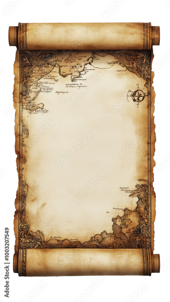 Blank antique treasure map, open empty old parchment scroll ...