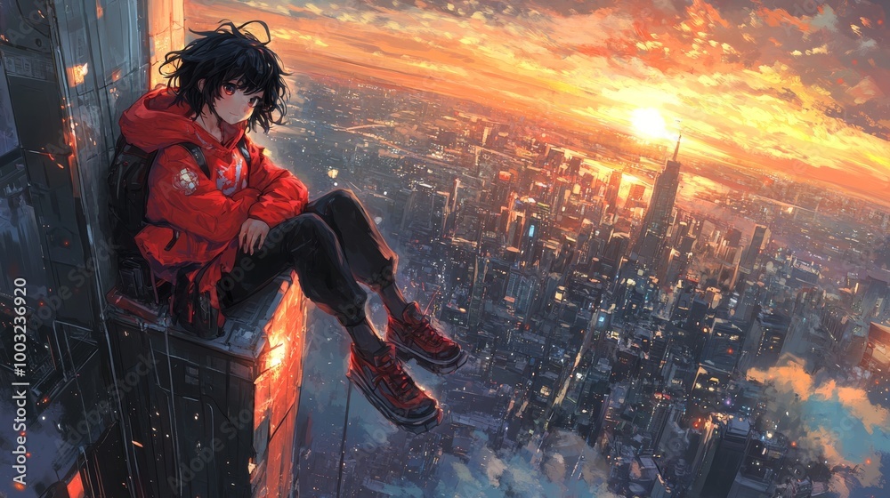 An anime girl sits on the roof of a multi-story building. This is an ...