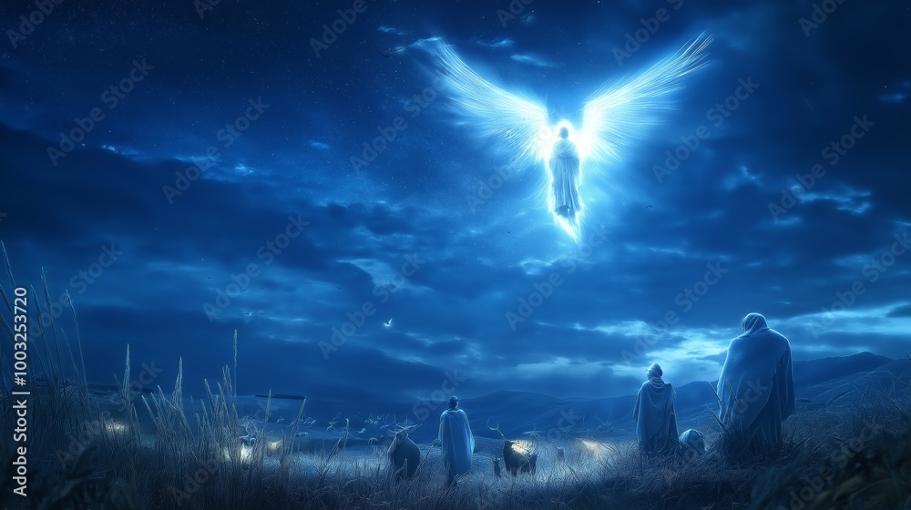 photo of a radiant angel appearing in the night sky above the shepherds ...