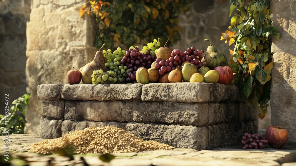 Cartoon-style image of a stone altar with various grains and fruits ...