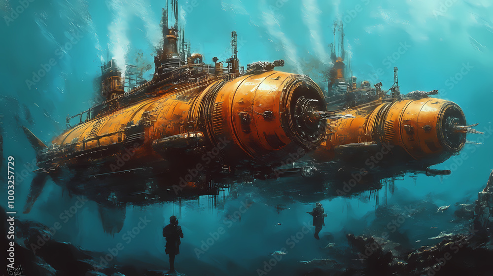 Futuristic submarines powered by steam engines steampunk style painting ...