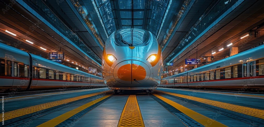 High-speed train parked at a modern station with illuminated platform ...