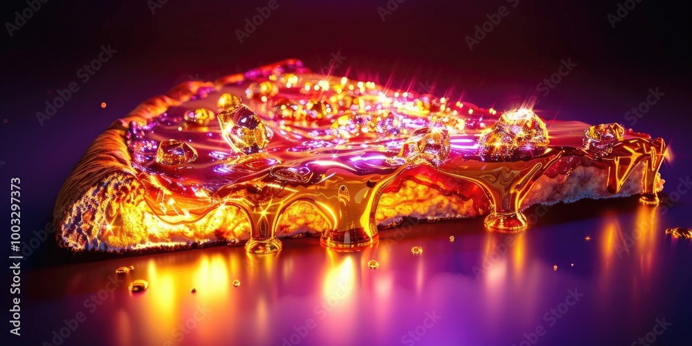 Melting crystal transforming into a golden liquid atop a vibrant neon ...