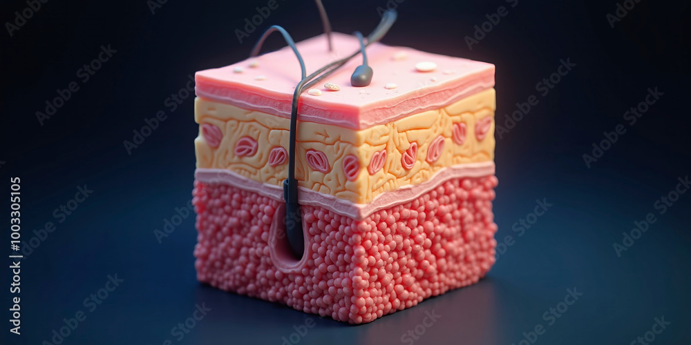 Skin part with a cross section of the human skin with hair follicle and ...