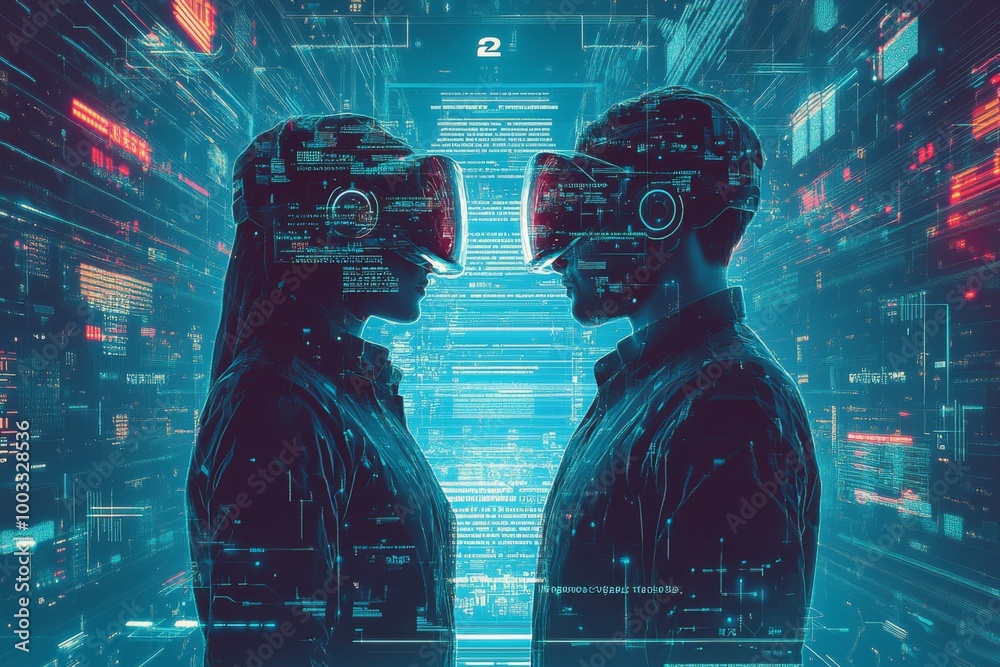 A silhouette of two individuals facing each other, wearing futuristic ...