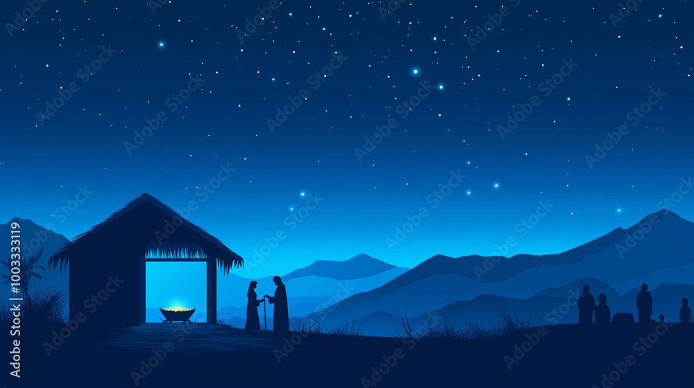 Starry night in Bethlehem, birth of Jesus Christ in humble barn shines ...