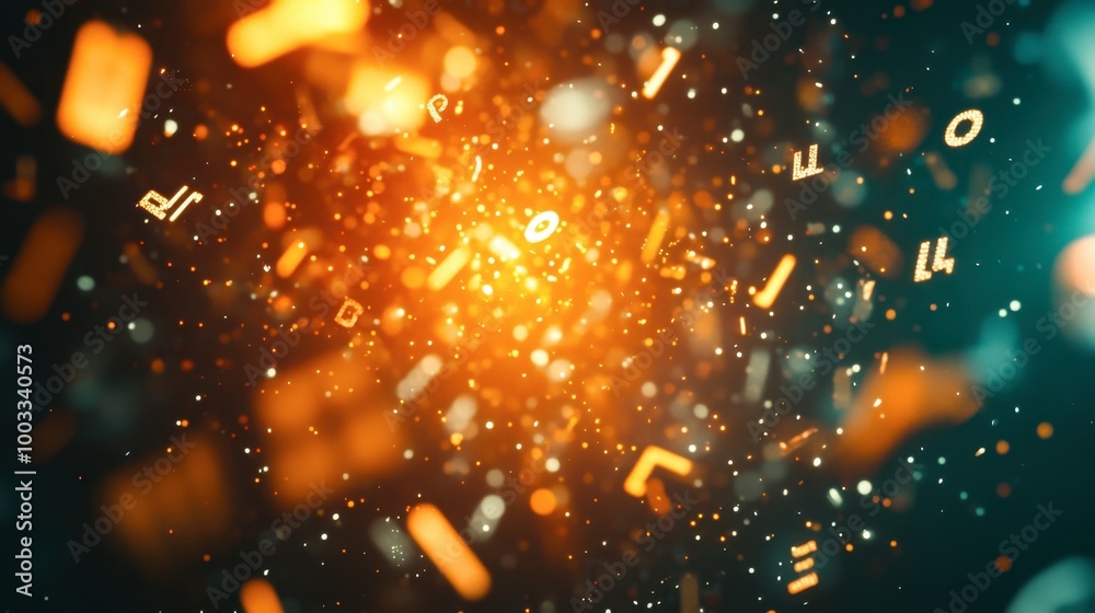 Abstract floating numbers, letters, and symbols in a glowing stream of data. Stock Illustration ...