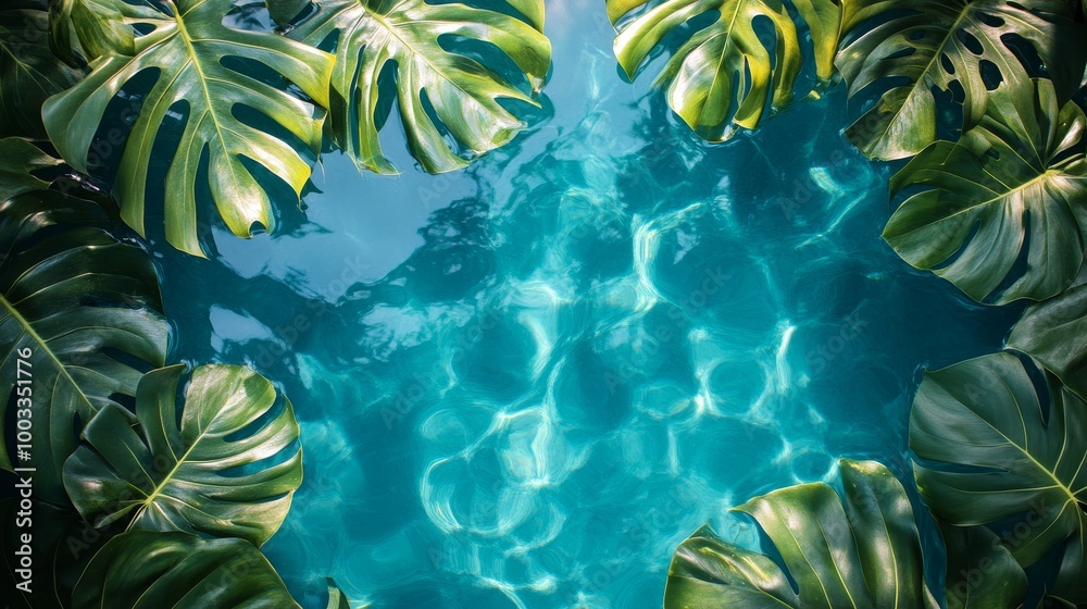 Vacation banner featuring clear blue tropical water, monstera leaves in ...