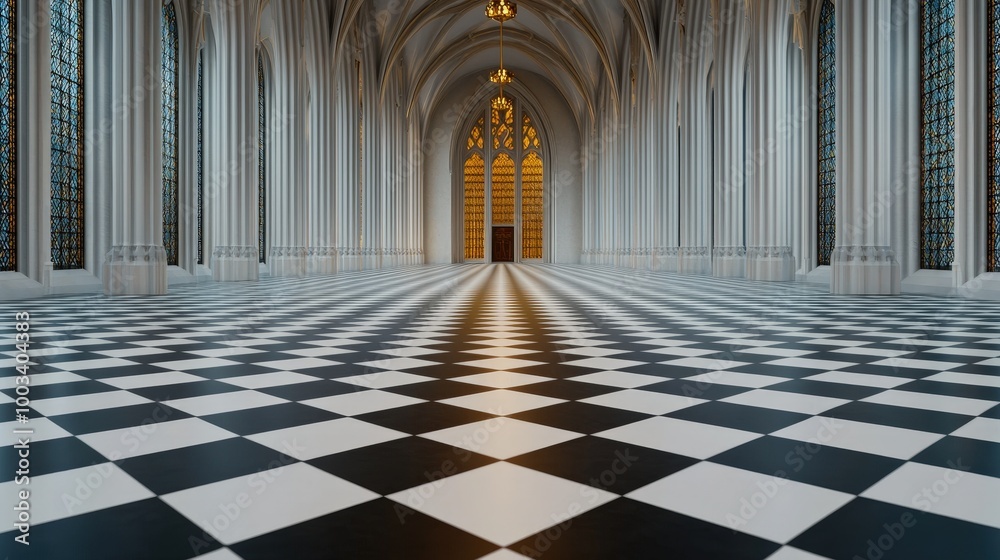 Grand Hall Interior with Checkerboard Floor Stained Glass Windows and ...