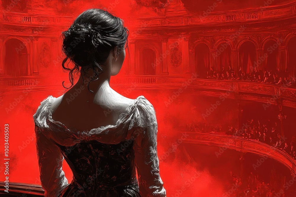 illustration of a female opera singer dressed in elegant attire gazing ...