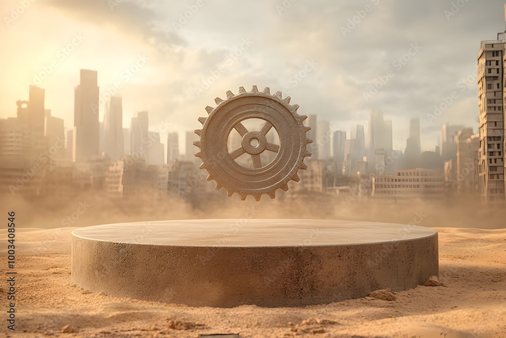 Rugged Podium Stage with Gears and Post Apocalyptic Cityscape for ...