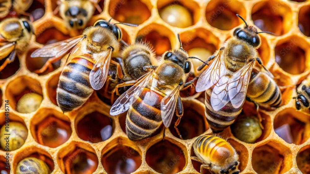 Honeybee larvae emerge from wax cells in a beehive, highlighting the ...