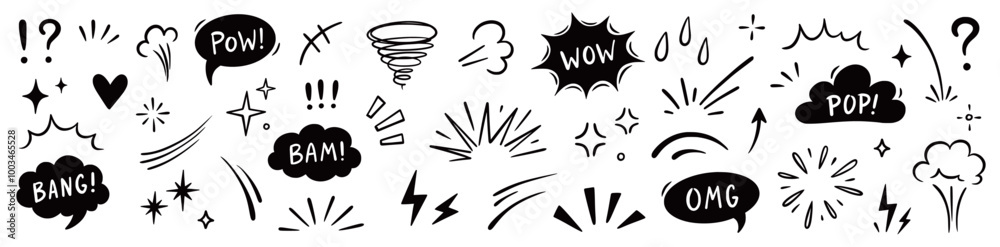 Comic boom cartoon effect line element set. Comic speech bubble pow ...